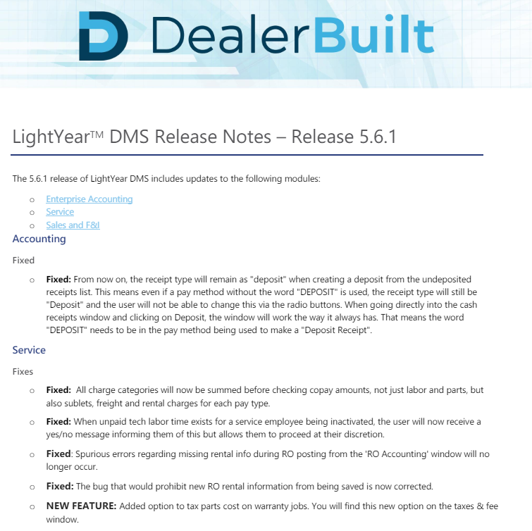 July 2024 Lightyear Dms Release notes 5.6.1 – DealerBuilt